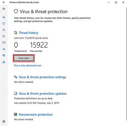 Perform a virus scan – Windows 10 : Red River College: Information ...