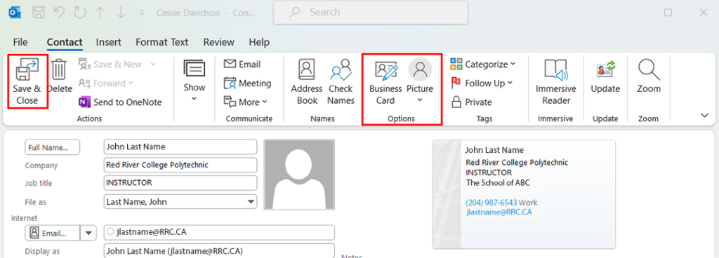 Insert a business card in Outlook email : RRC Polytech: Information ...